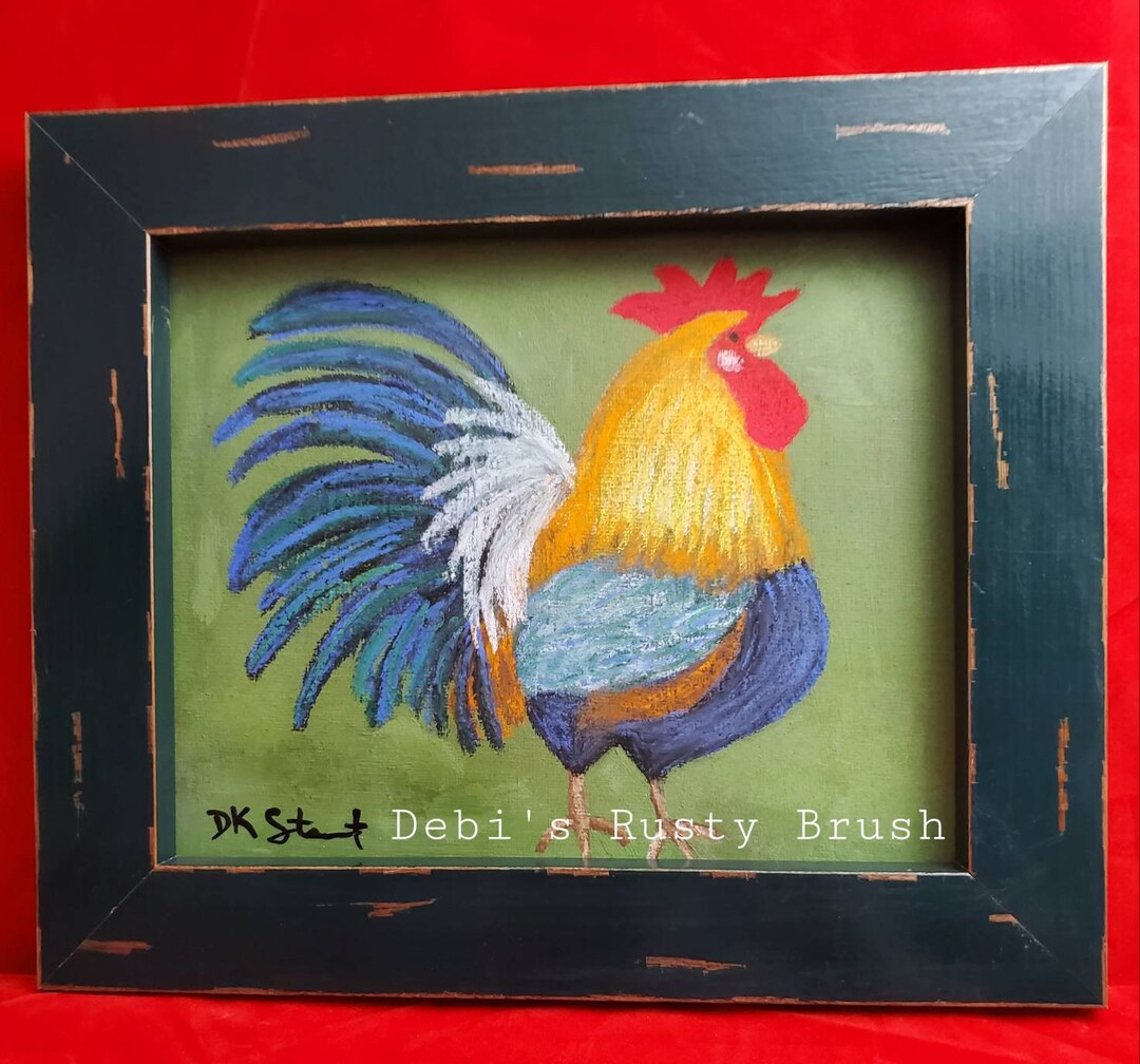 Pastel Chalk Art, Framed Rooster Drawing, Done in Blues and Greens With ...