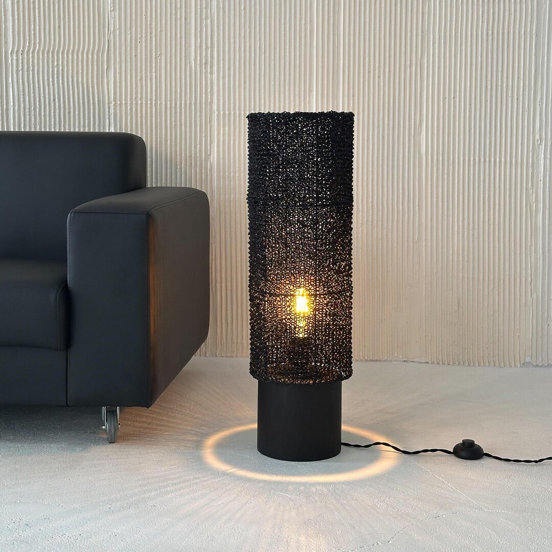 Black Raffia Floor Lamp, Handmade Boho Floor Lamp, Modern Natural Fiber ...