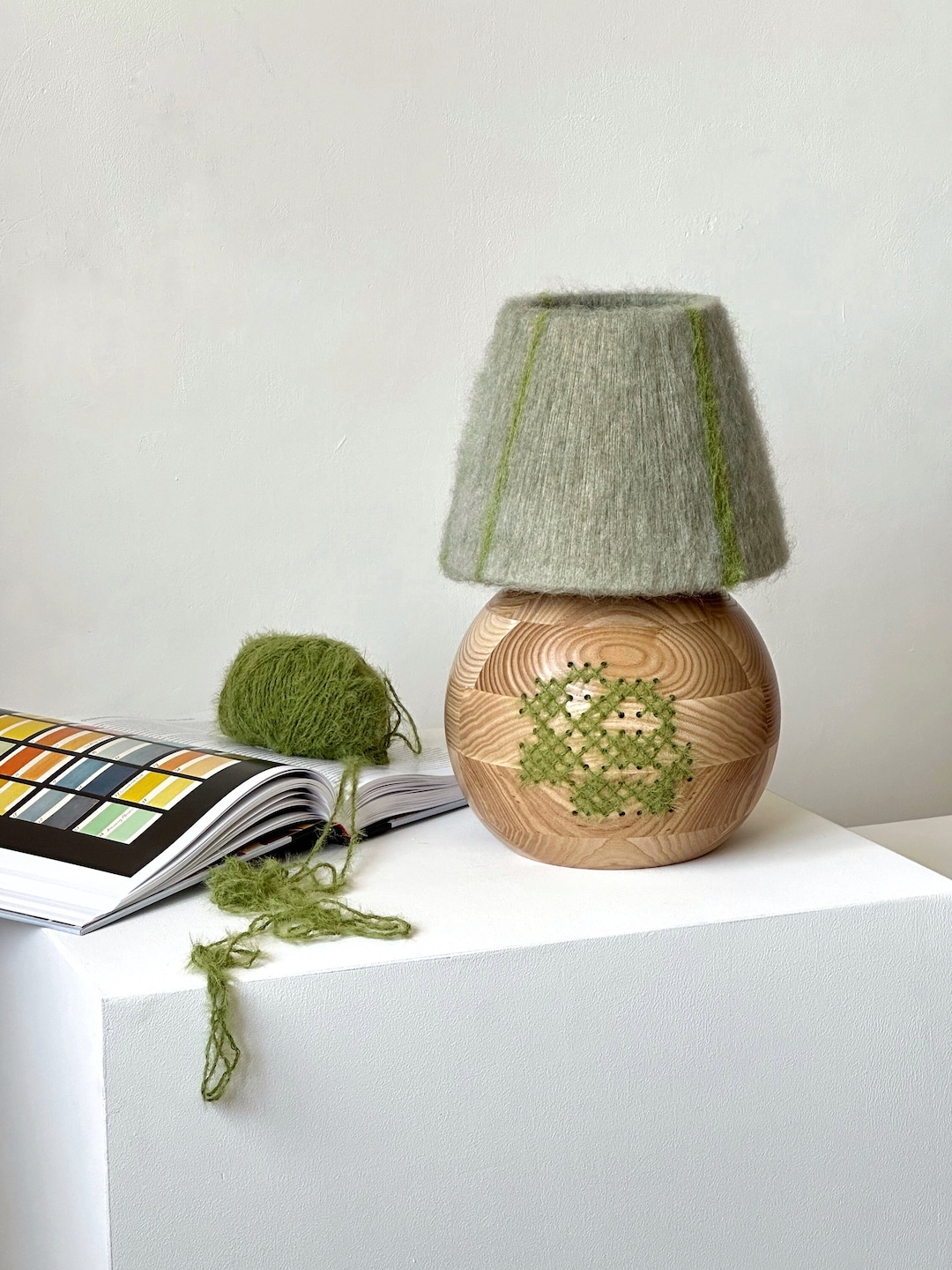 Handmade Green Lamp With Embroidery, Wood Desk Lamp Bedside, Lighting ...