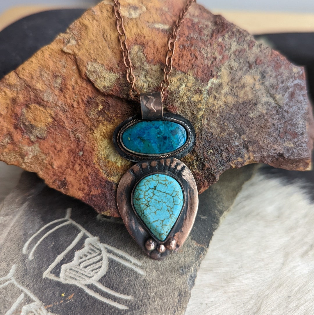 Western Style Pendant Necklace, Mixed Metal, Shattuckite, Turquoise - Etsy