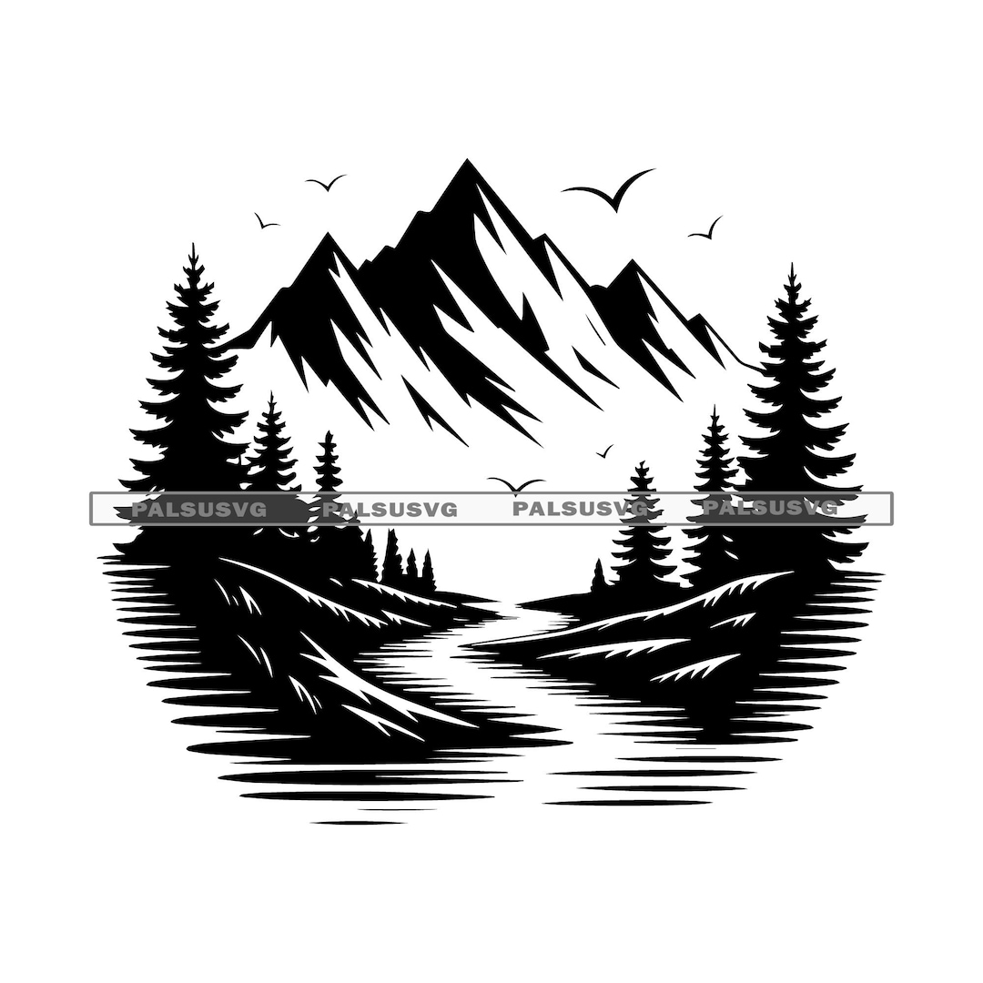 Mountain Forest SVG, Pine Trees River Cut File, Nature Landscape PNG ...