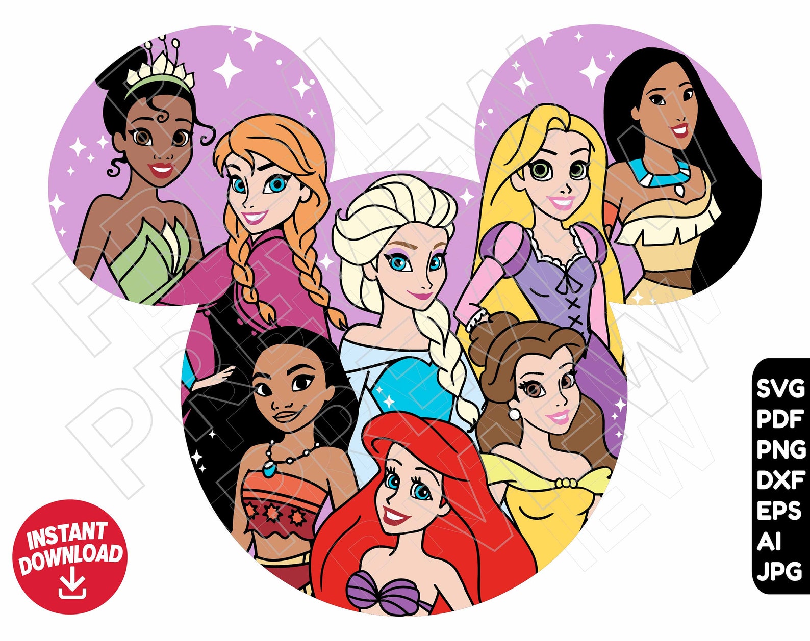 Princess SVG Disneyland Ears Dxf Png Princesses Ariel Elsa - Etsy