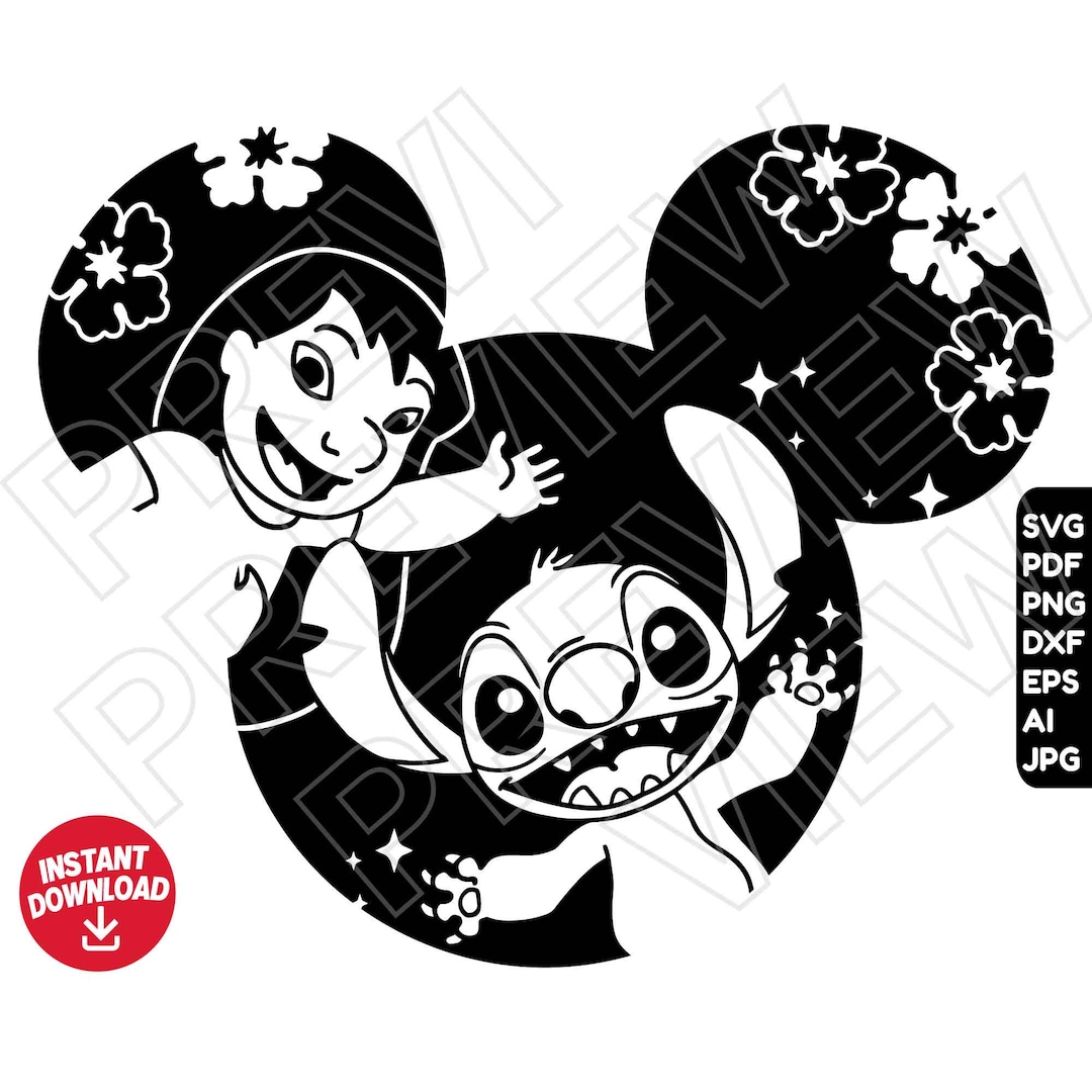 Stitch SVG lilo png dxf clipart , oreilles , silhouette de contour de ...