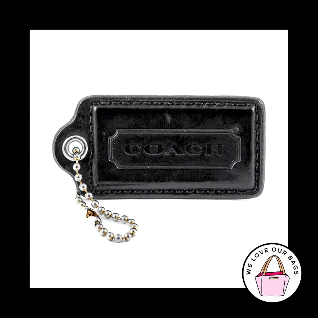 2.5 Large COACH BLACK Patent Leather Nickel Key Fob Bag Charm Keychain ...