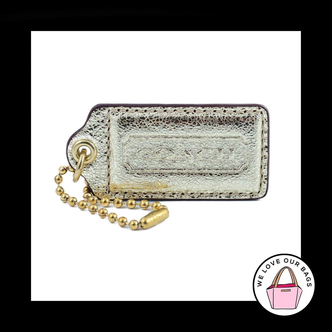 2.5" COACH Light Gold CRACKLE LEATHER Brass Key Fob Bag Charm Keychain ...