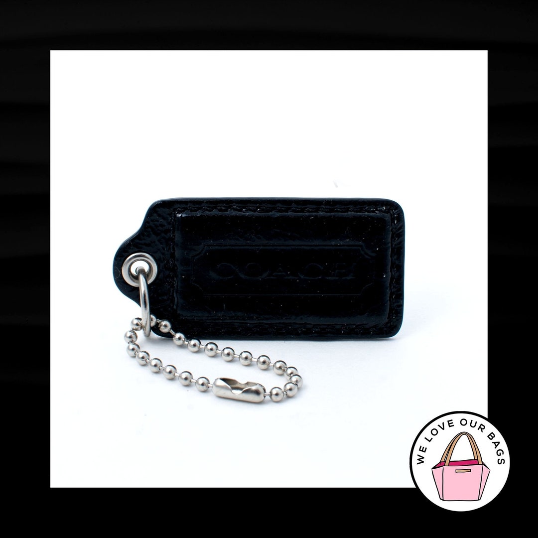 2.5" Large COACH BLACK PATENT Leather Nickel Key Fob Bag Charm Keychain ...