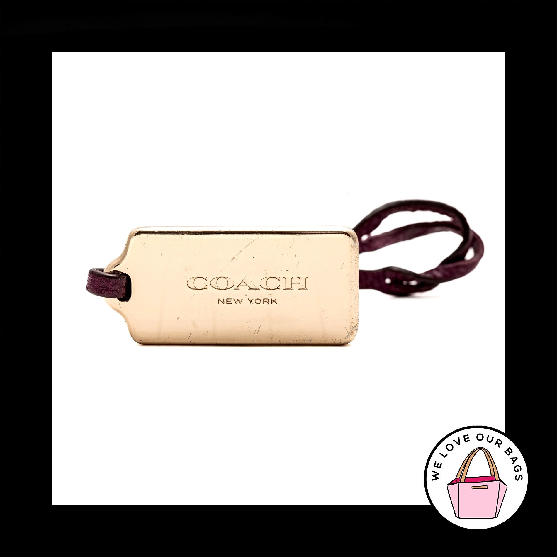 COACH NEW YORK Gold Metal Hang Tag & Purple Leather Strap Fob Bag Charm ...