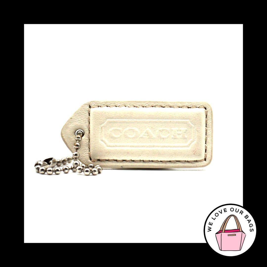 2" Medium COACH VINTAGE WHITE Leather Nickel Key Fob Bag Charm Keychain ...