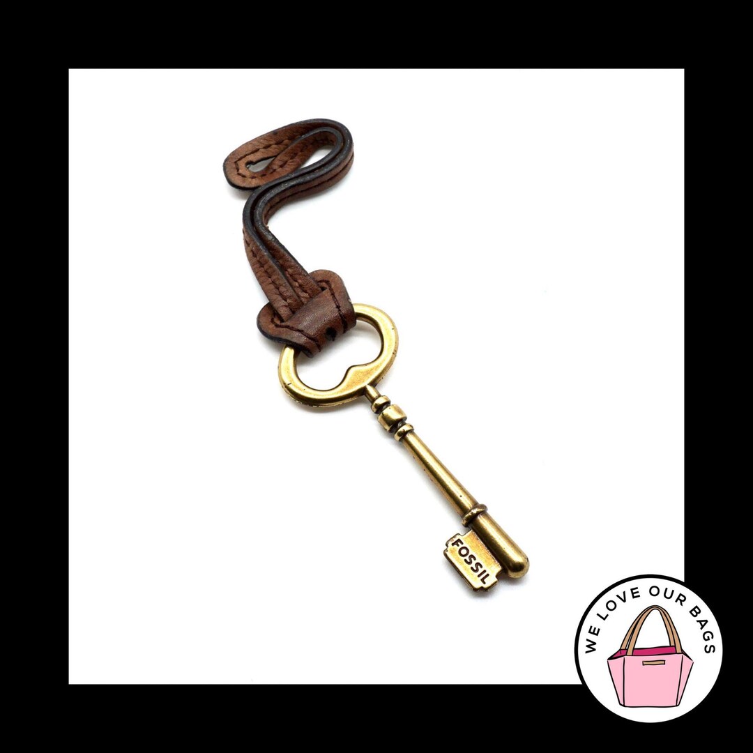 FOSSIL Large Gold Brass Key BROWN LEATHER Strap Fob Bag Charm Keychain ...