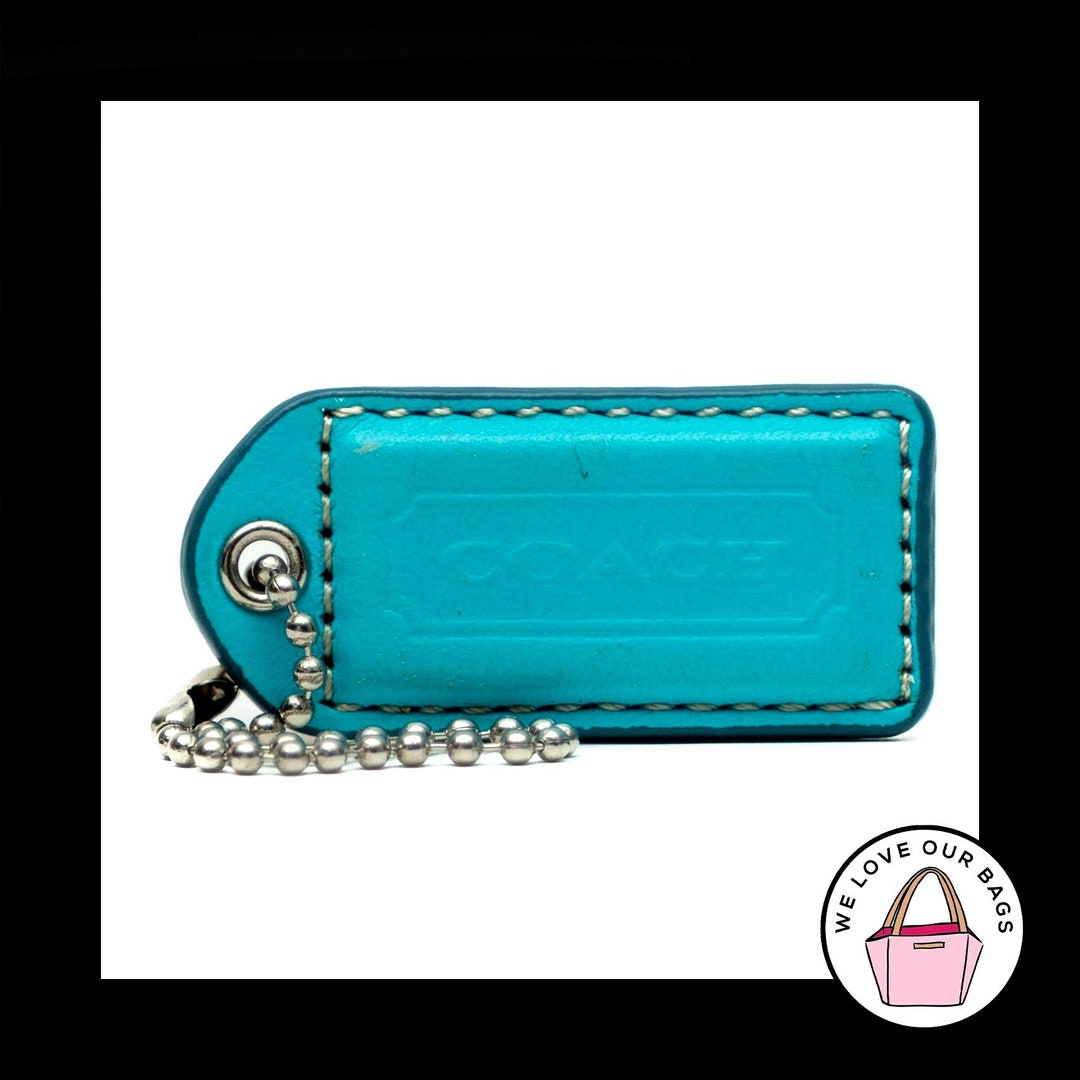 2 Medium COACH Teal Blue LEATHER Nickel Key Fob Bag Charm Keychain Hang ...