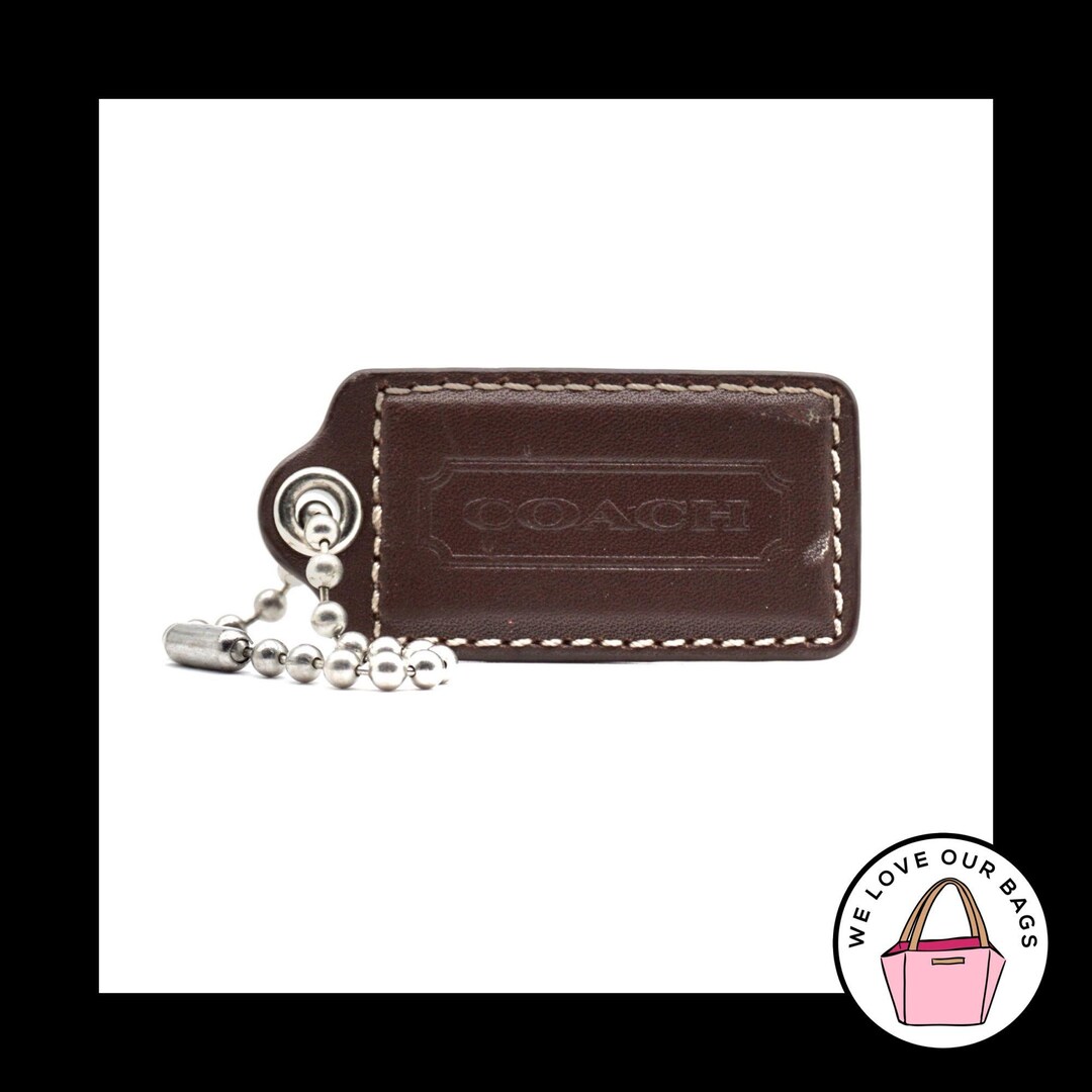 2.5" Large COACH Chocolate Brown Leather Nickel Fob Bag Charm Keychain ...