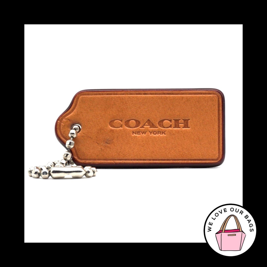 2.25" COACH NEW YORK Saddle Brown Leather Nickel Fob Bag Charm Keychain ...