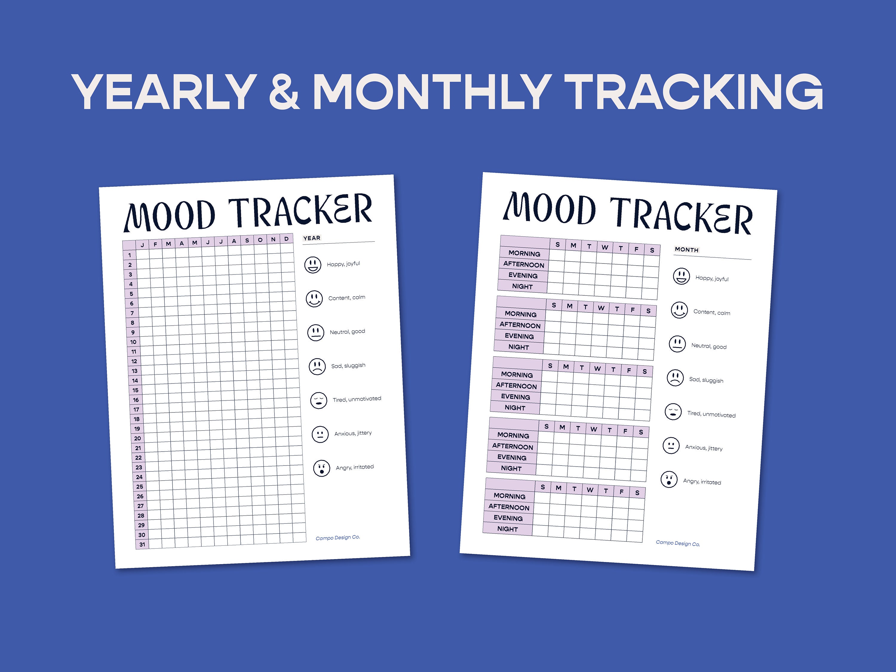 Mood Tracker | Yearly and Monthly Mood Planner | Print at Home, Letter ...