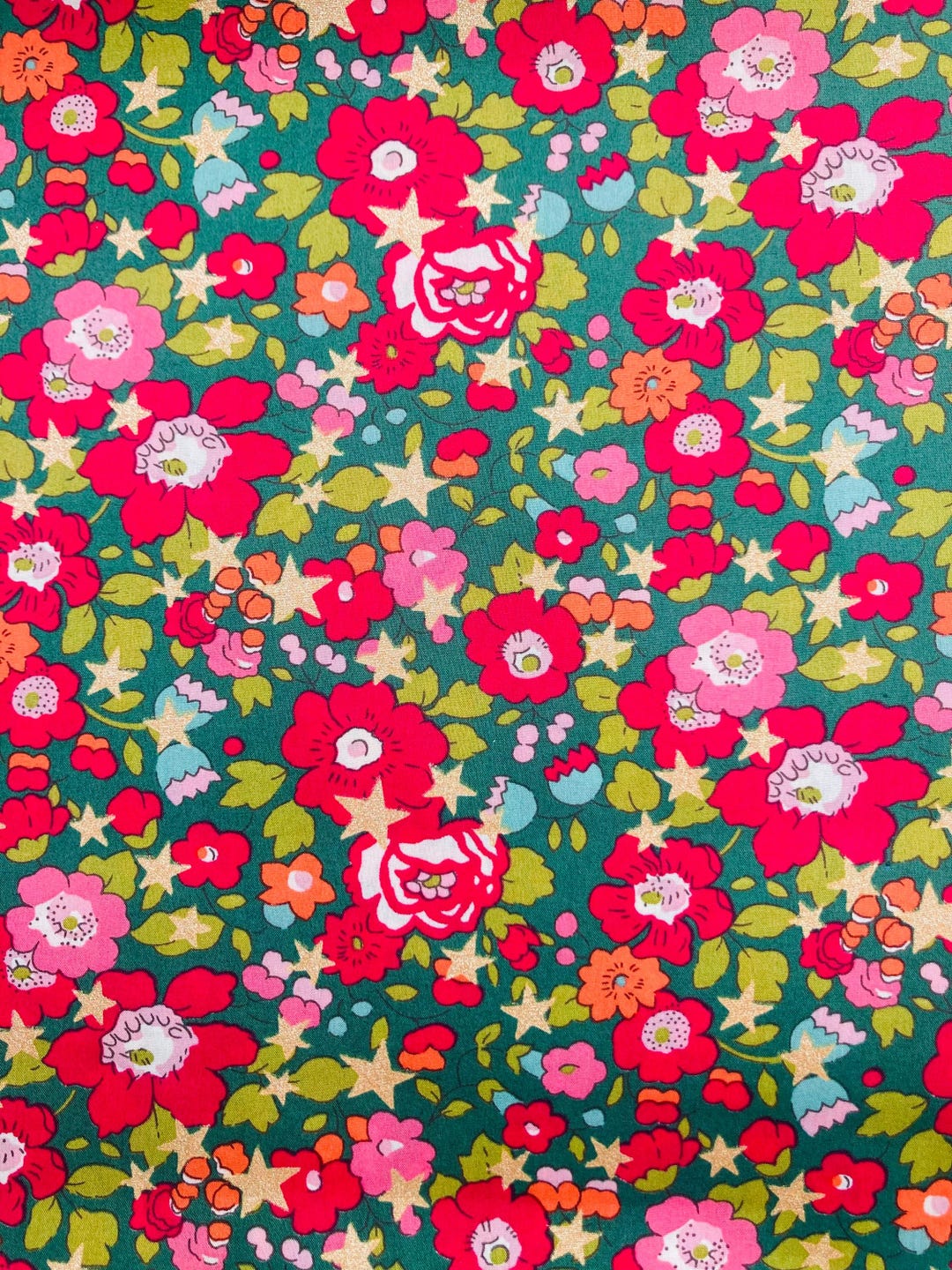 Betsy Star, Discontinued, Liberty Tana Lawn Green, Pink and Gold Fabric ...
