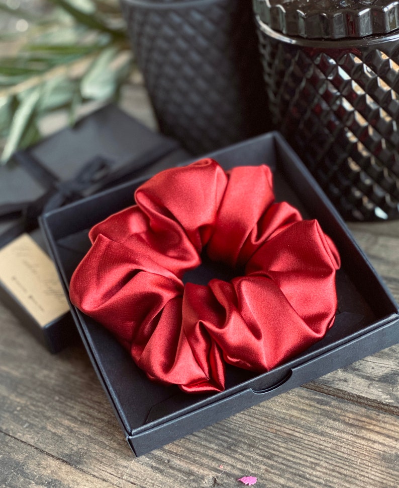 Large, Extra Volume Satin Scrunchie. Deep Red Color. Luxury Women Hair ...