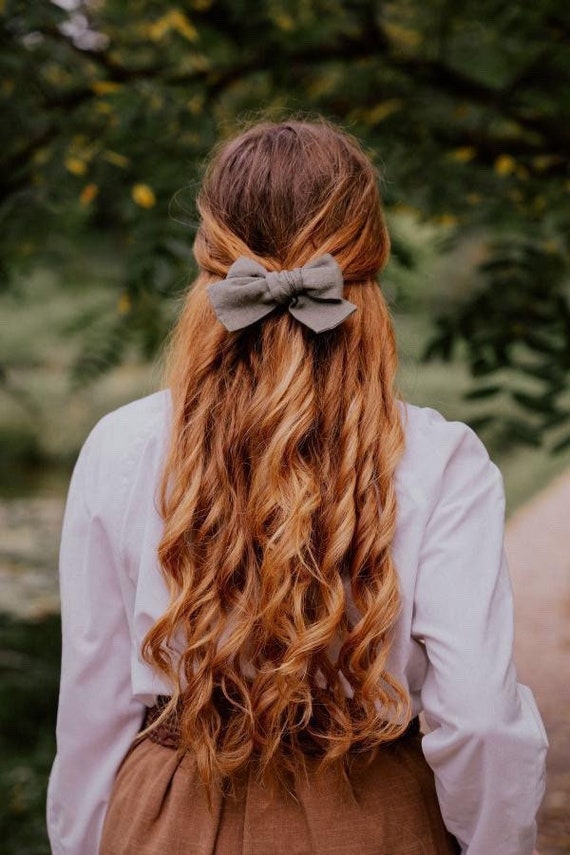 Large Linen Fabric Hand Tied Ponytail Bow. Beautiful Khaki Color on French Barrette. Women Girl and Kid Hair Accessory. Adorable Gift Box. Etsy