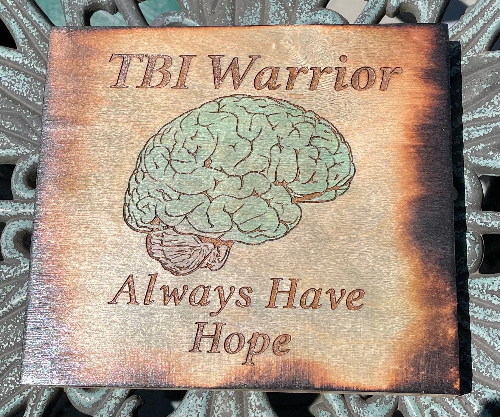 TBI Warrior Rustic Engraved Wood Burned Edges, Wooden Teal Colored ...