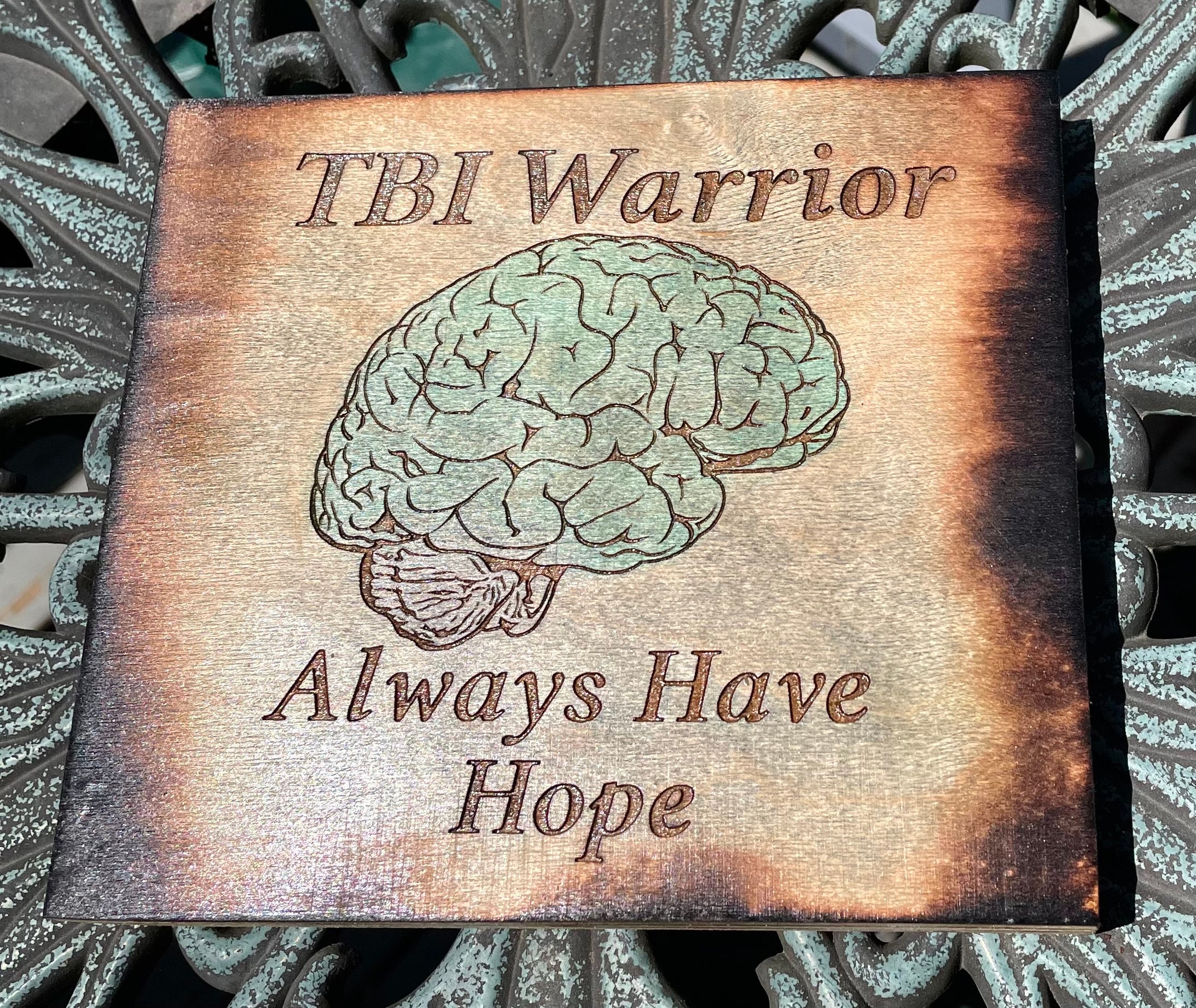 TBI Warrior Rustic Engraved Wood Burned Edges, Wooden Teal Colored ...