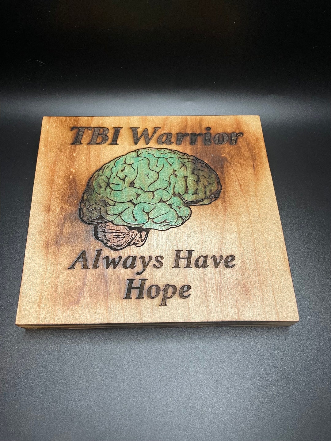 TBI Warrior Rustic Engraved Wood Burned Surface, Wooden Teal Colored ...