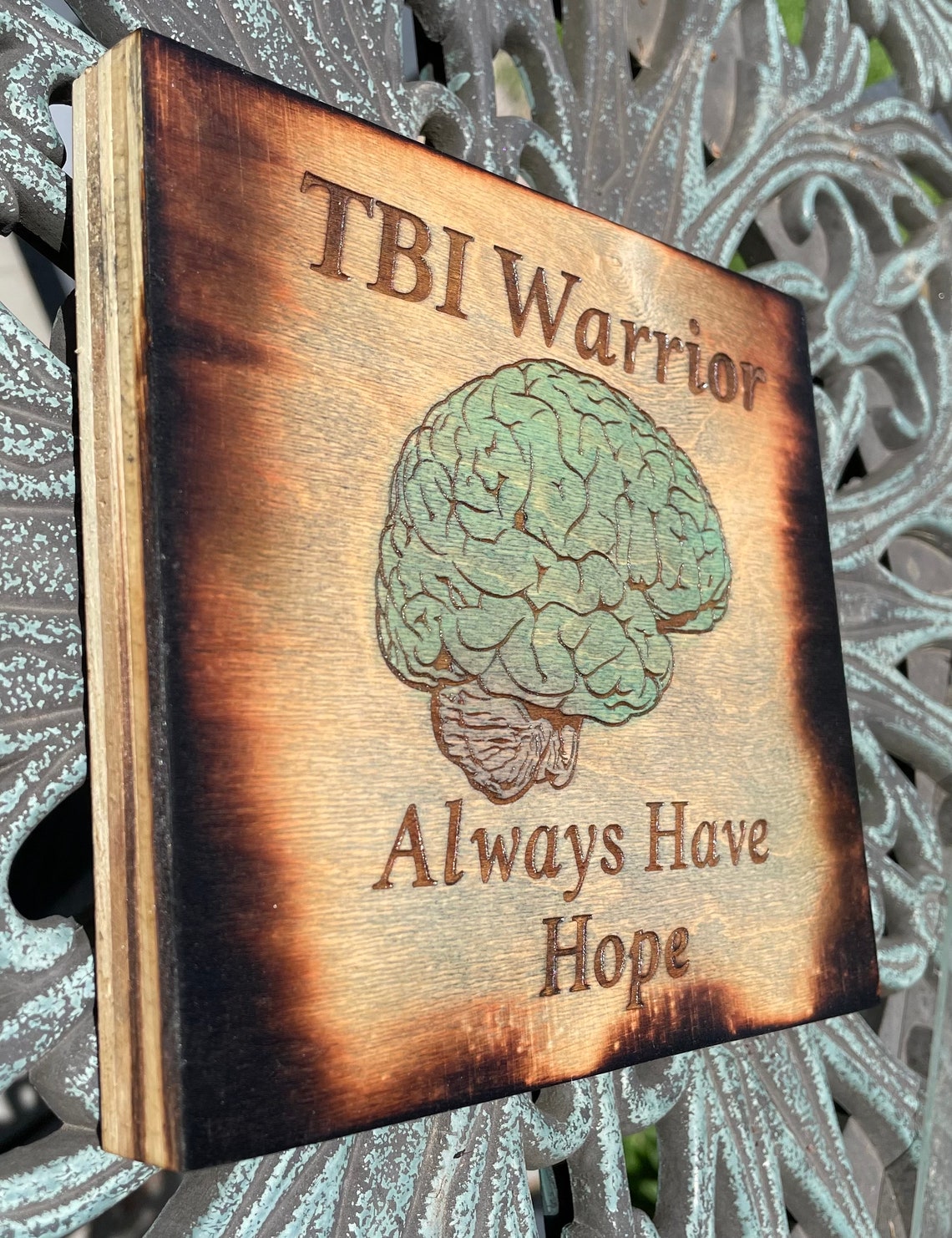 TBI Warrior Rustic Engraved Wood Burned Edges, Wooden Teal Colored ...