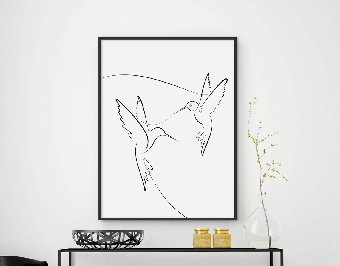 Hummingbird Drawing, drawing digital, minimal wall art, one line art ...