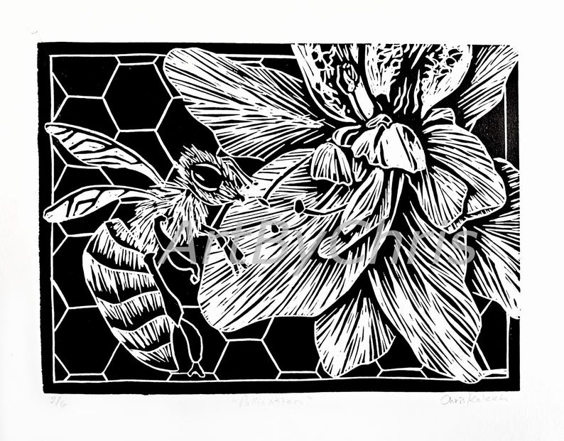 Pollination- Original Linoleum Print of Bee and Flower - Etsy