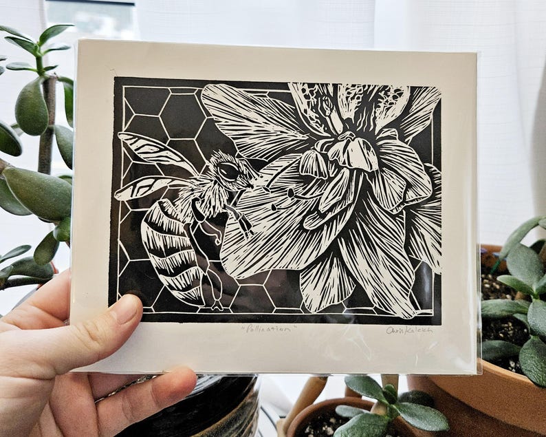 Pollination- Original Linoleum Print of Bee and Flower - Etsy