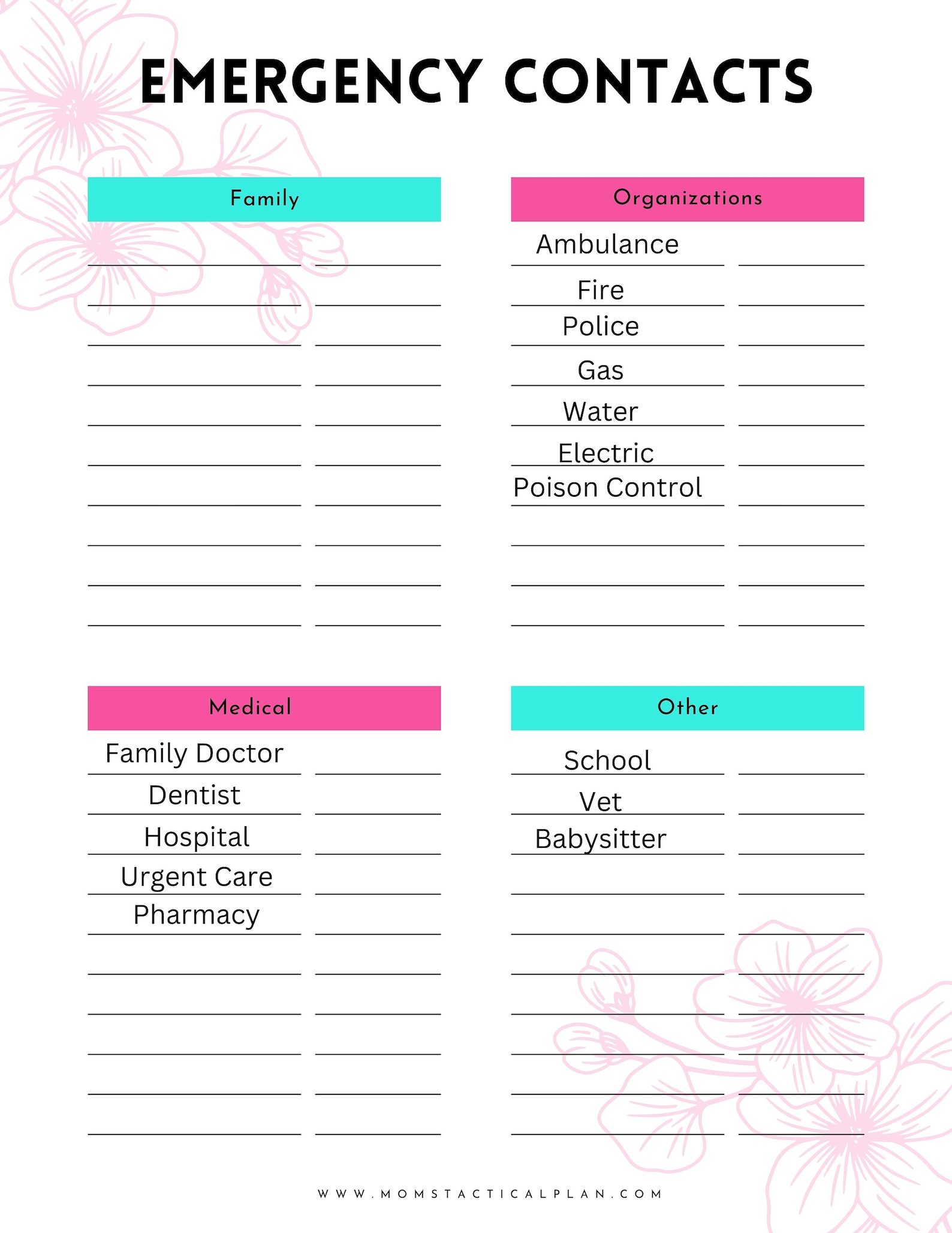 Emergency Contact List, Contact List, Printable Contact List, Printable ...