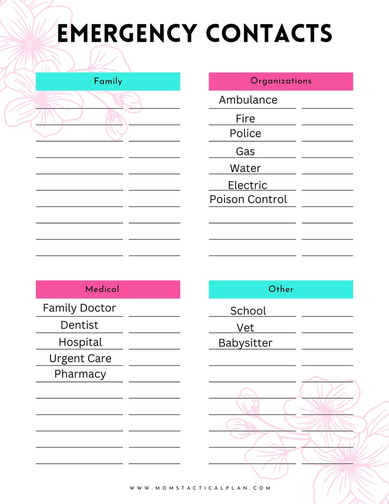 Emergency Contact List, Contact List, Printable Contact List, Printable ...