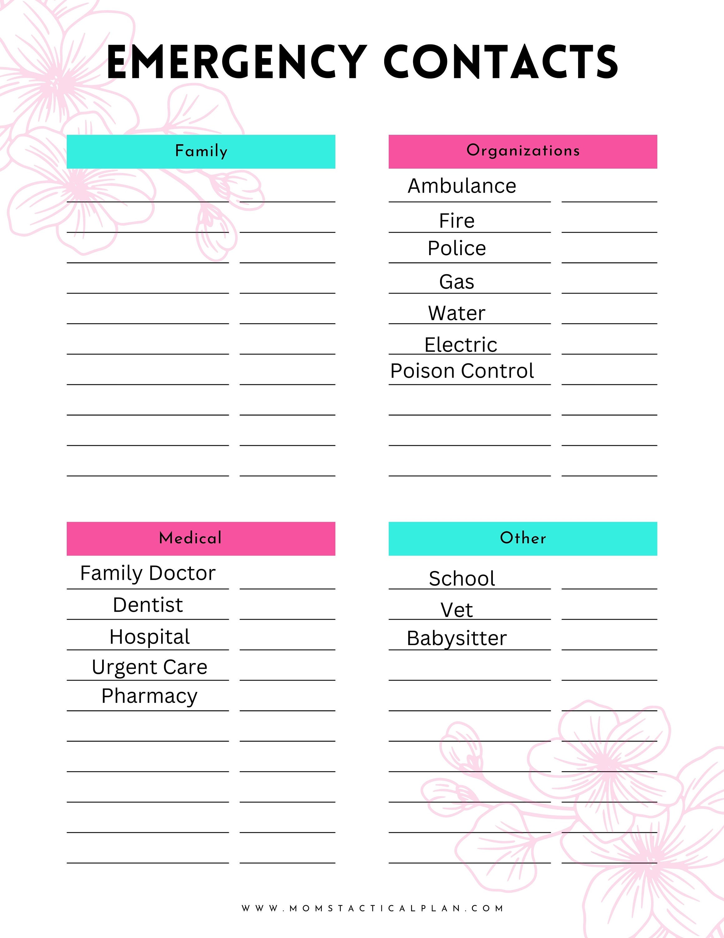 Emergency Contact List, Contact List, Printable Contact List, Printable ...