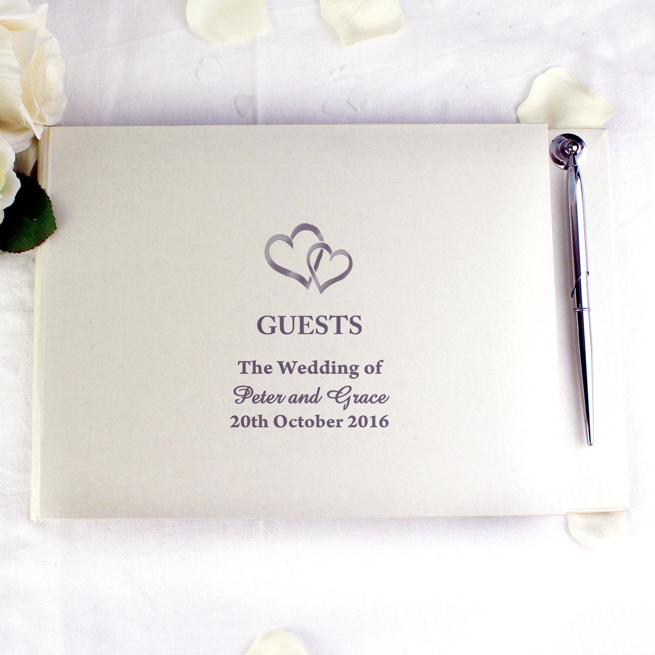 Wedding Guest Book and Pen Personalised With Names Date Venue Hearts ...