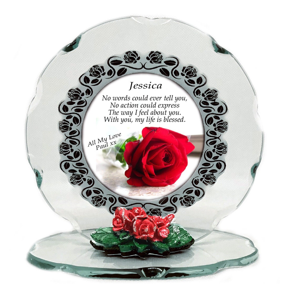 Red Rose Cut Glass Plaque Card Personalised Gift Keepsake With ...