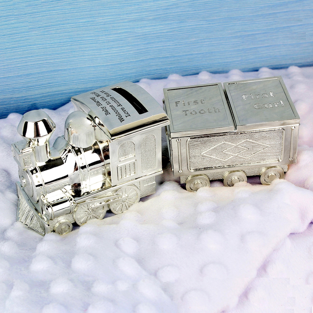 Silver Plated Train Money Box Baby Boy Personalised Gift With 1st Curl ...