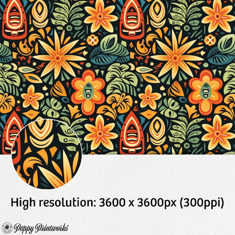 Retro Hawaiian Tiki Design Digital Paper Pack Seamless Repeating Patterns 12 Designs, 12 X 12in ...