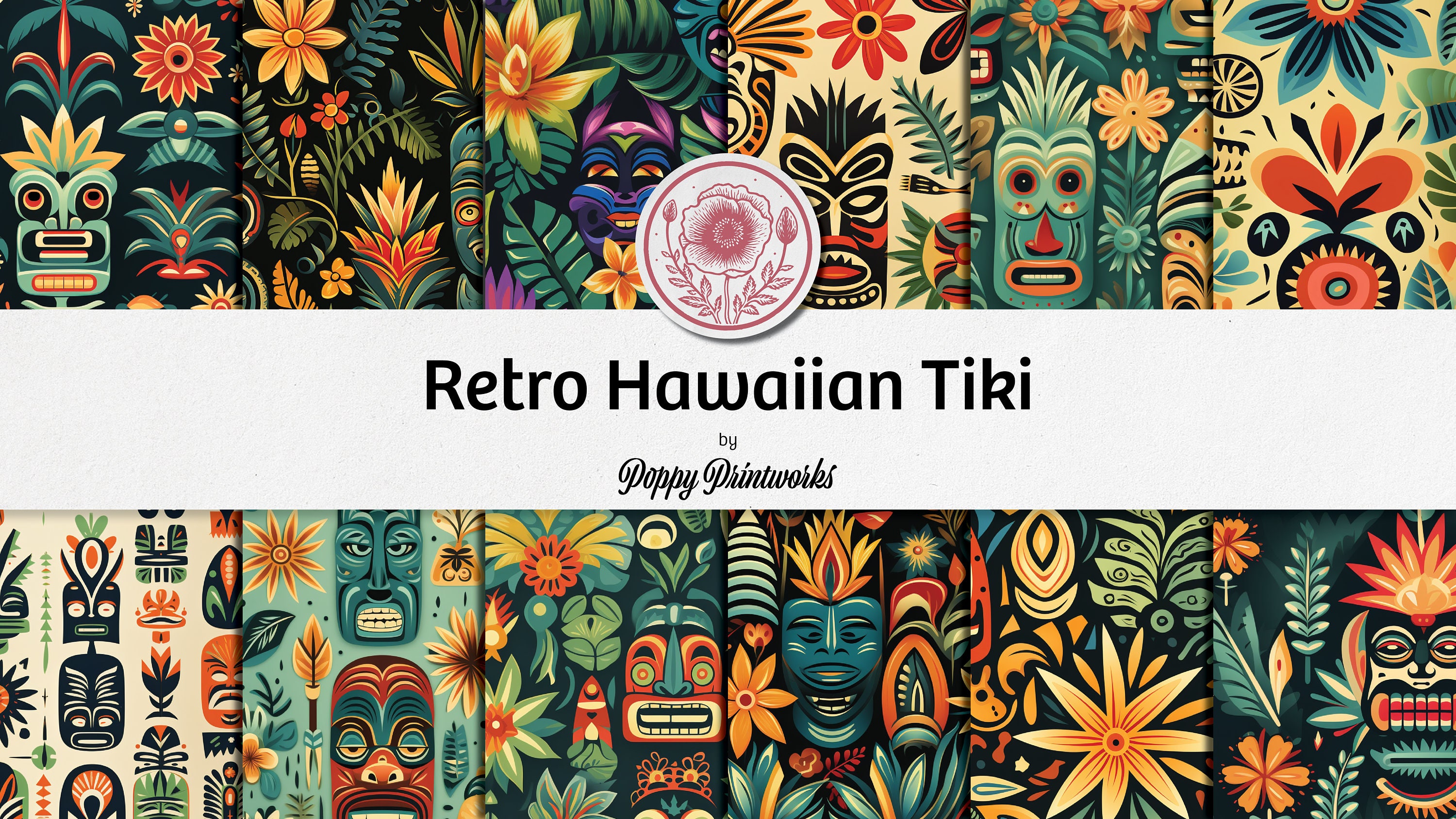 Retro Hawaiian Tiki Design Digital Paper Pack Seamless Repeating ...