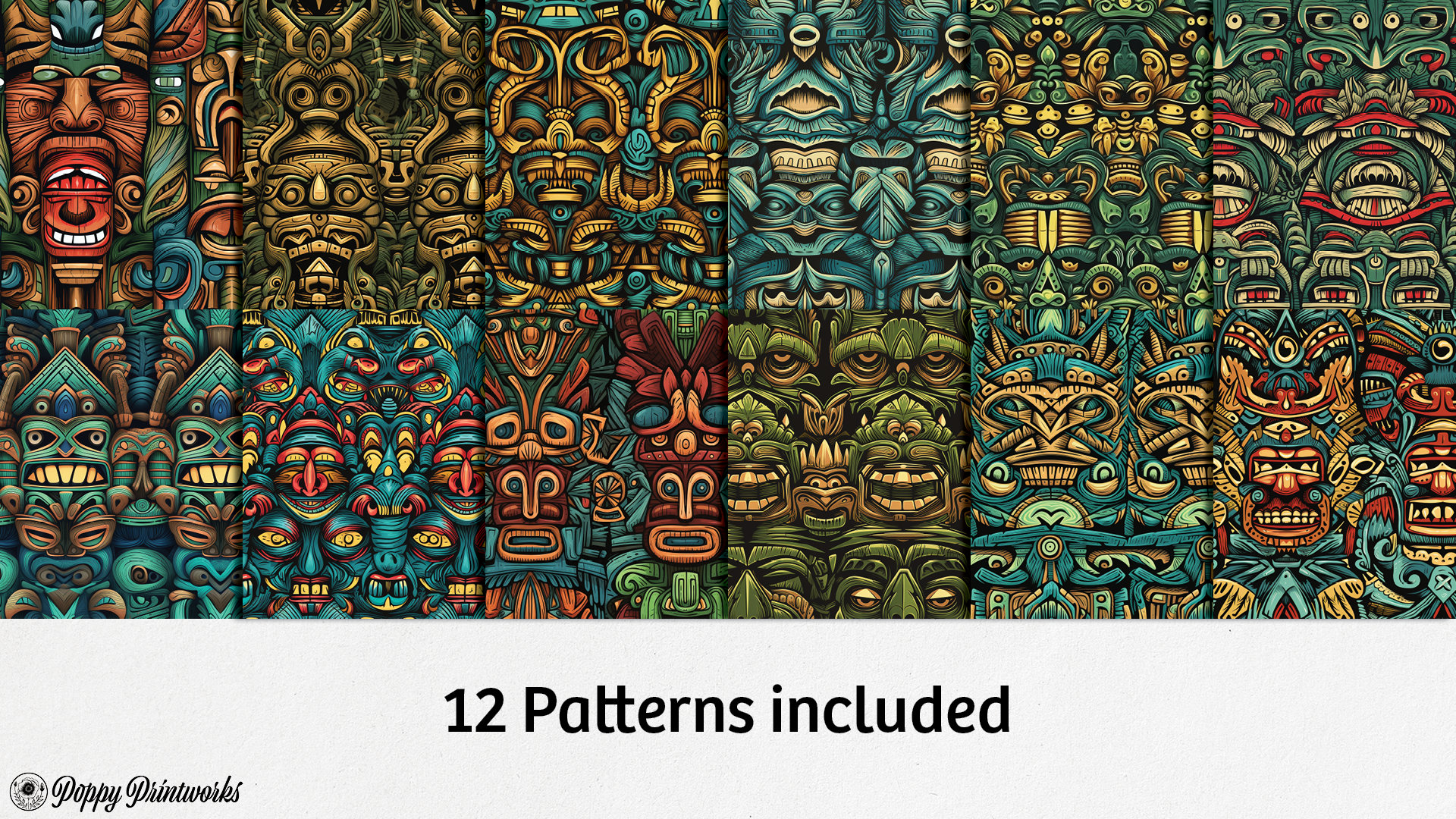 Bold Hawaiian Tiki Digital Paper Pack Seamless Repeating Tile Patterns ...