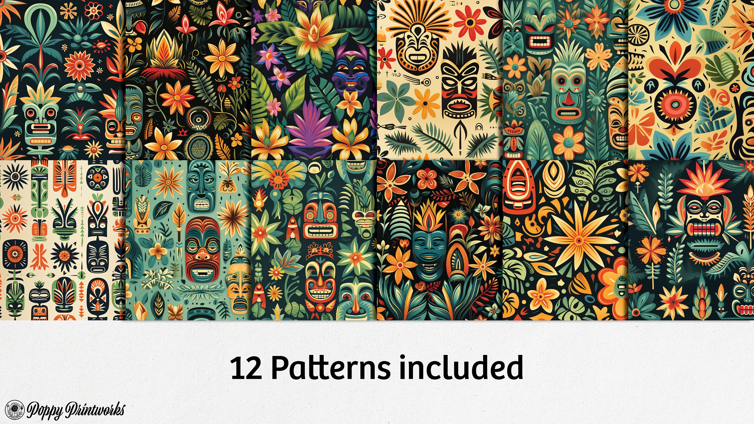 Retro Hawaiian Tiki Design Digital Paper Pack Seamless Repeating ...