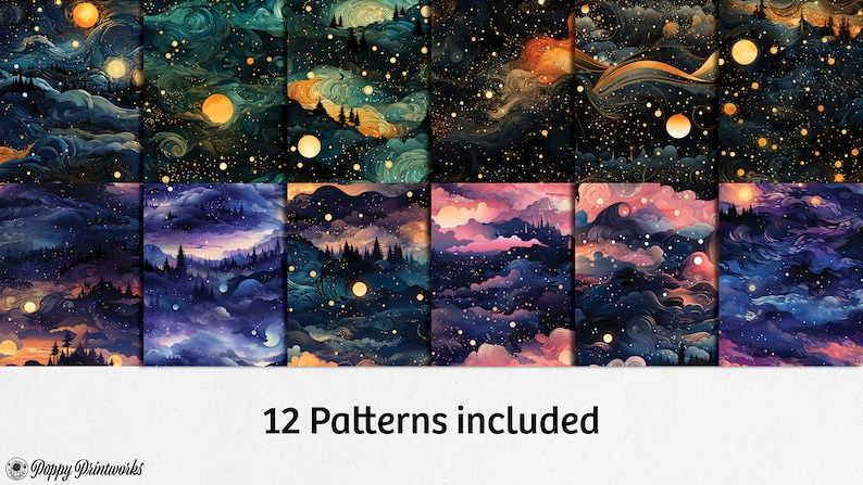 Starry Night Design Digital Paper Pack Seamless Repeating Tile Patterns ...