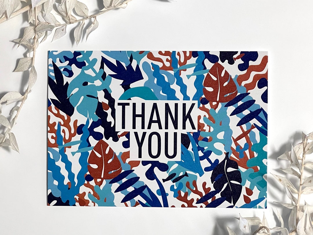 Thank You Card Modern Graphic Monstera Leaves Algae Coral Fish Waves ...