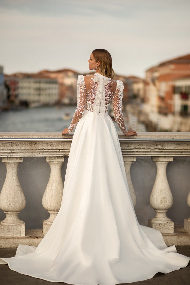 Stunning Godet Silhouette Long Illusion Sleeves Removable Plain ...