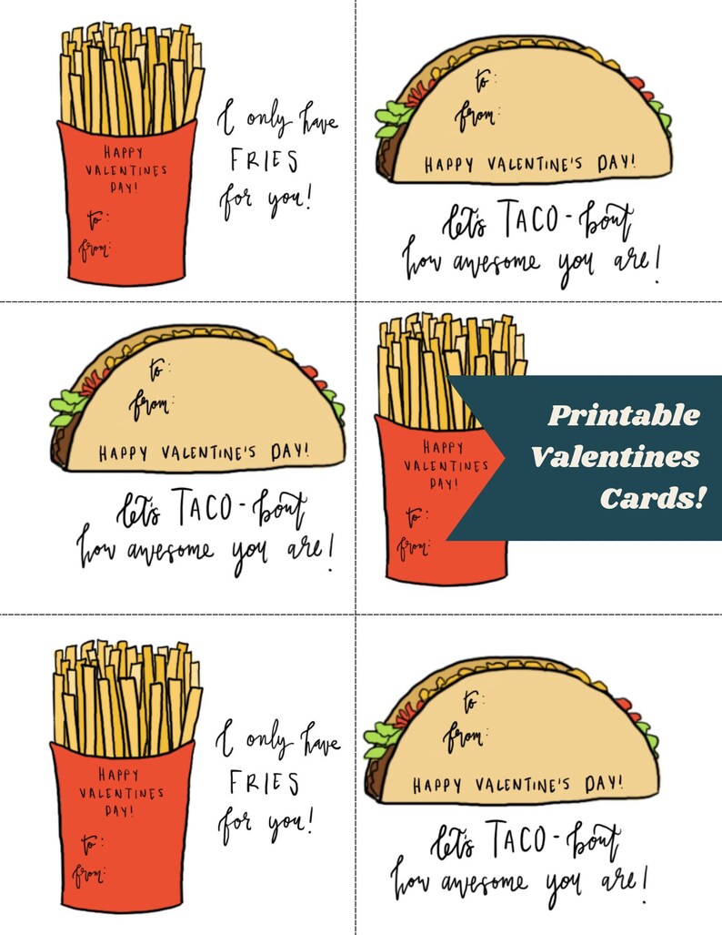 PRINTABLE Valentines Day Cards French Fries & Taco Food Themed Digital ...