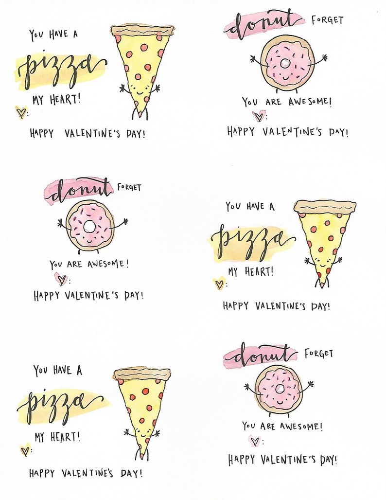 PRINTABLE Valentine's Cards Pizza and Donut Themed Downloadable File ...