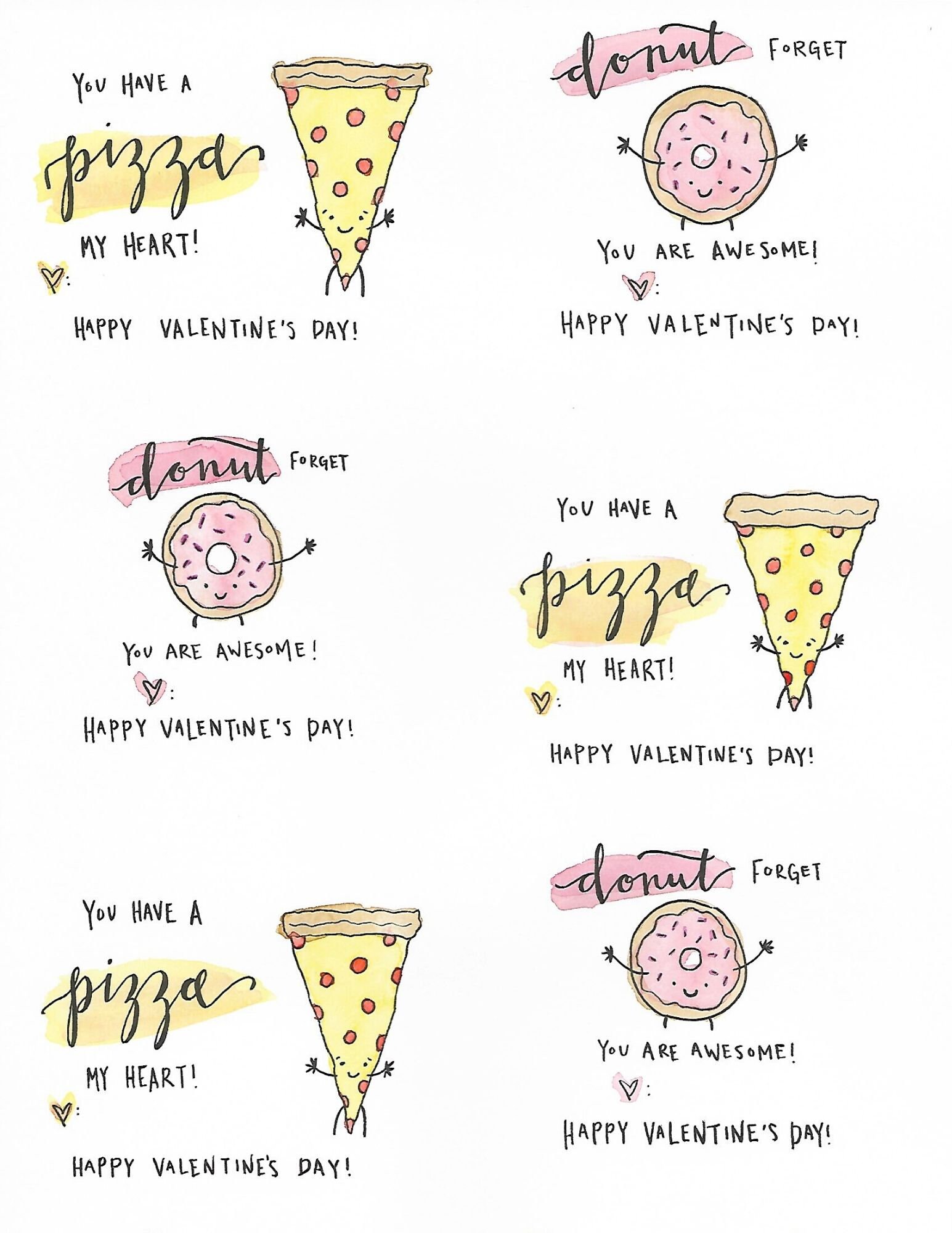 PRINTABLE Valentine's Cards Pizza and Donut Themed Downloadable File ...