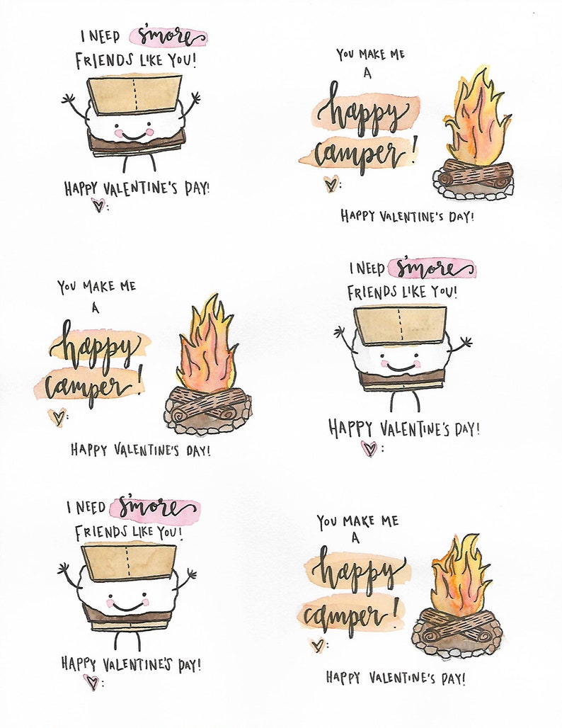 PRINTABLE Valentine's Cards- S'mores and Camping Themed Downloadable ...