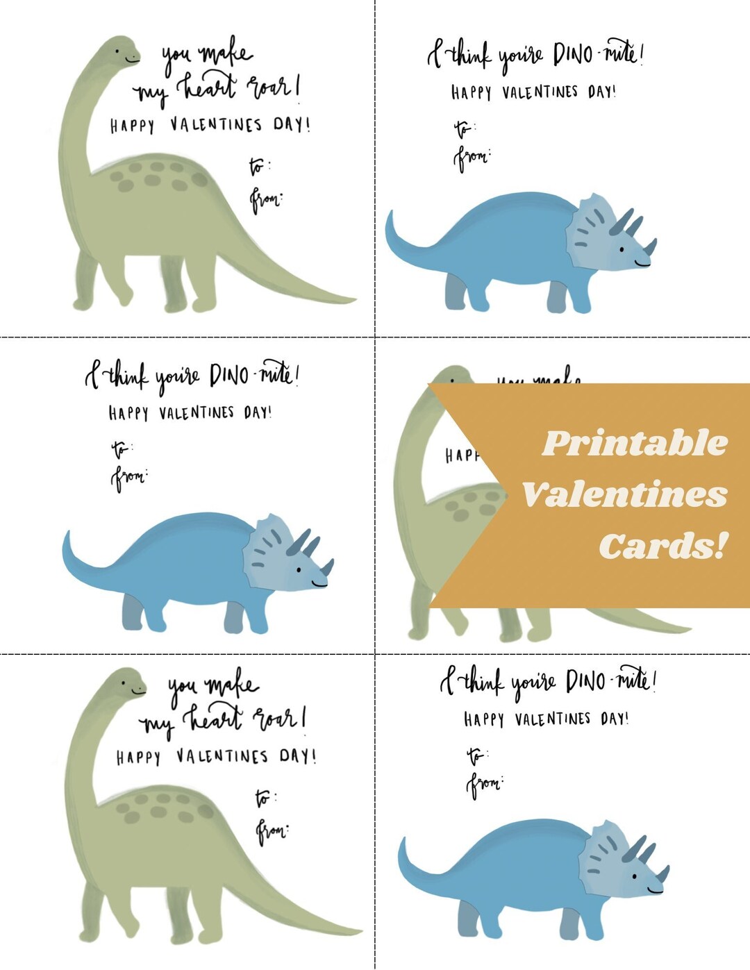 PRINTABLE Dinosaur Themed Valentines Cards Digital Download Kids ...