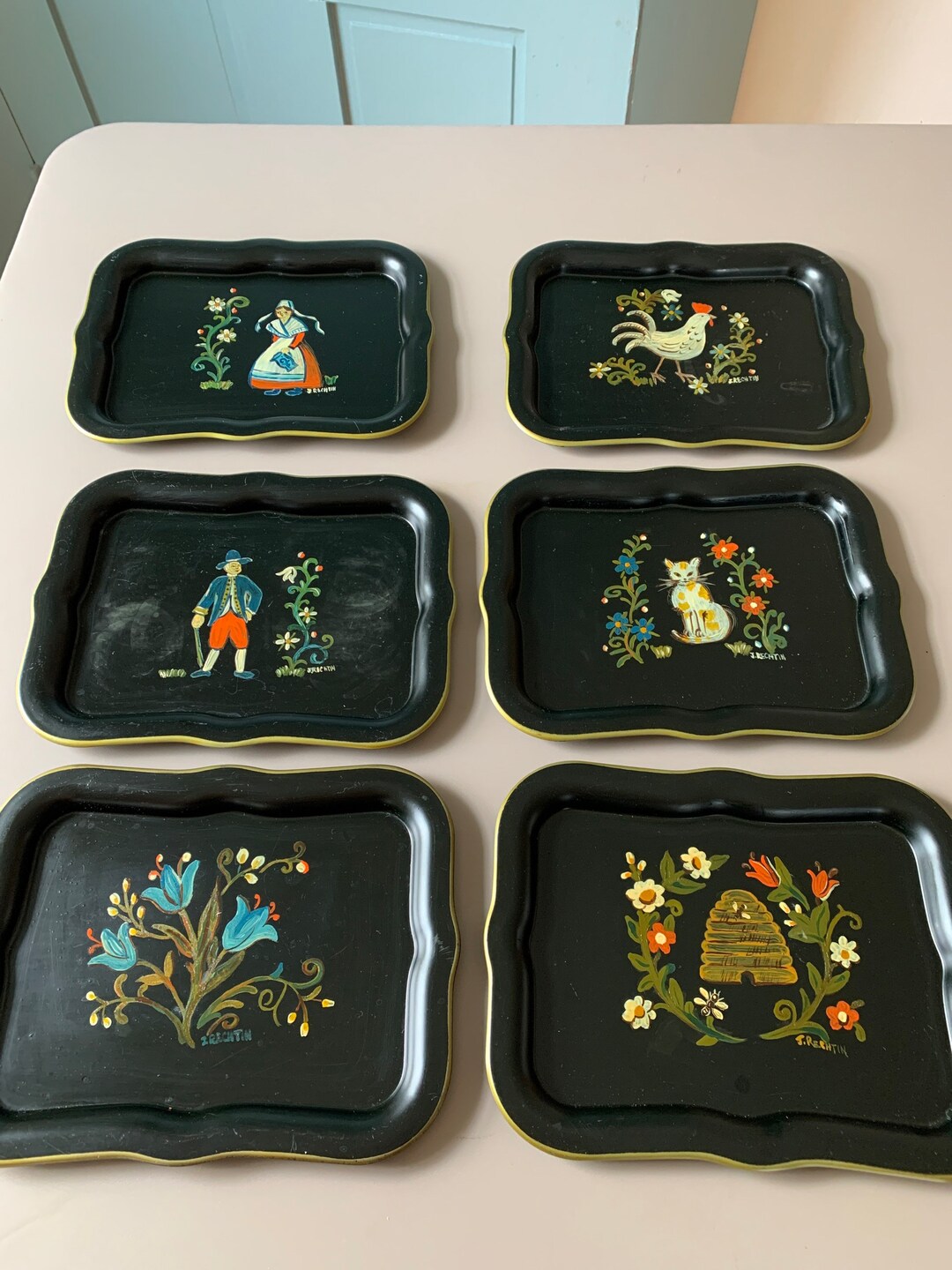 Set of 6 Vintage Painted Trays, Little Drink Trays - Etsy