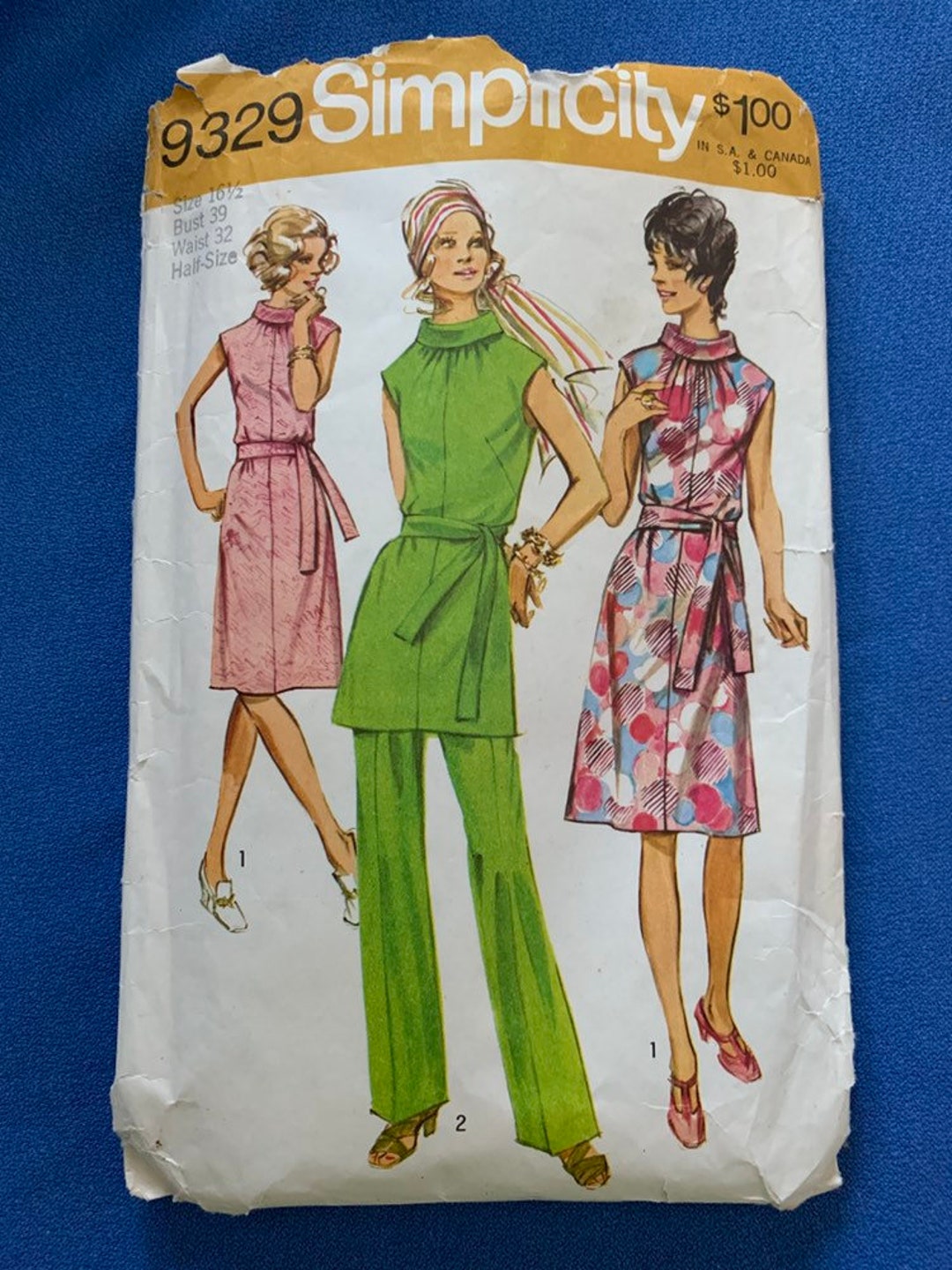 1971 Dress, Tunic and Pants Pattern, Simplicity 9329 Size 16 1/2, Bust ...