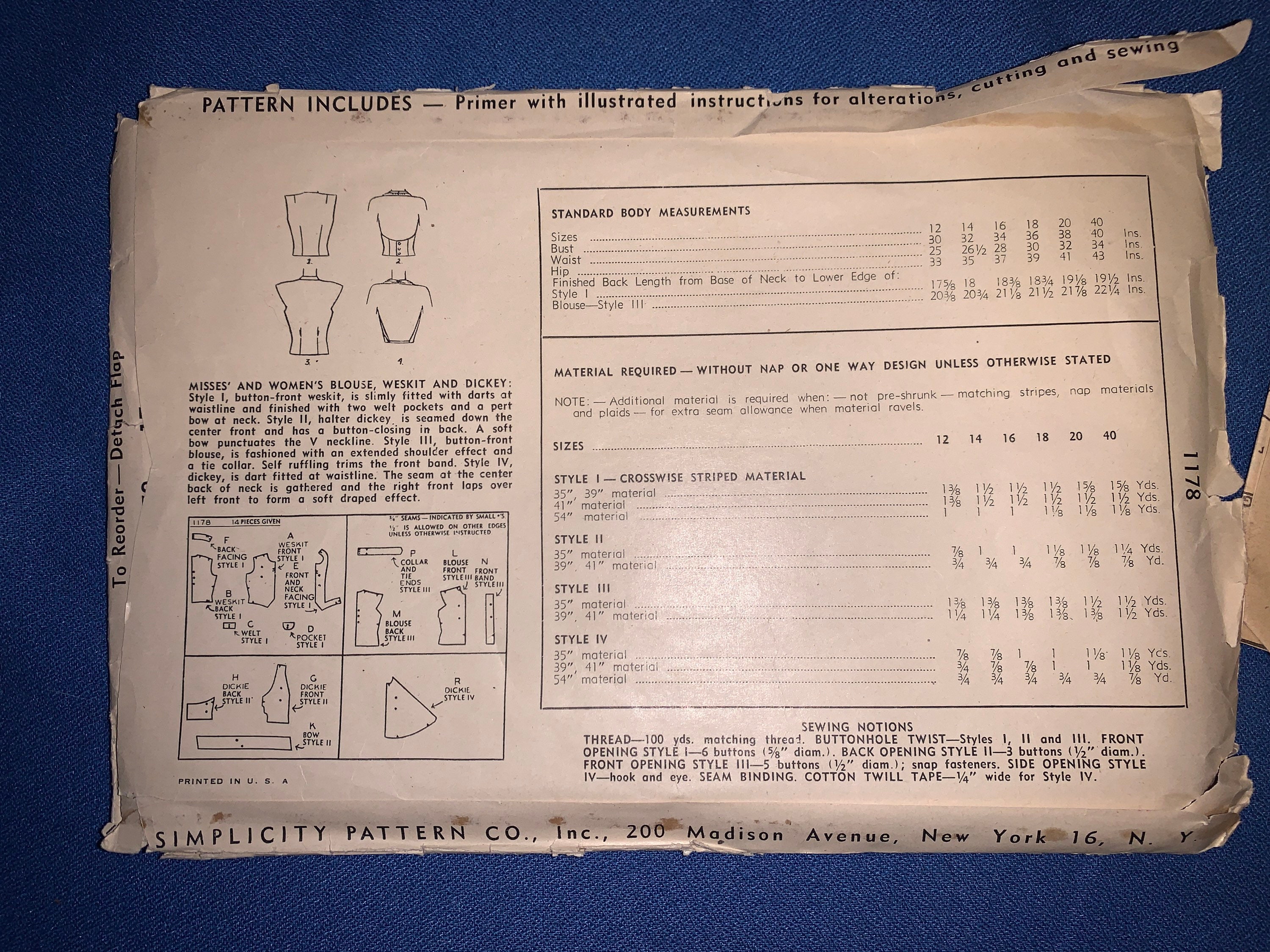 1940s Halter Top, Blouse, Weskit, Dickey Pattern, Simplicity 1178 Size ...