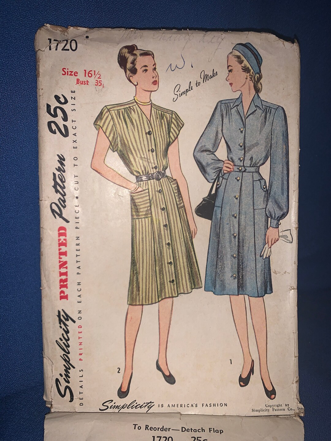 Vintage 1940’s One Piece Dress, Simplicity 1720 Size 16.5 Bust 35 - Etsy