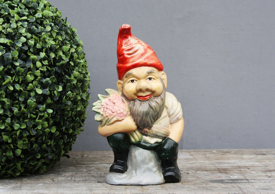 Ceramic Garden Gnome franz With Bouquet of Flowers, Vintage 80s, Garden ...